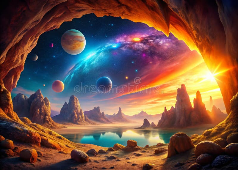 A Breathtaking Alien Landscape Featuring a Vibrant Sun a Colossal Cave ...