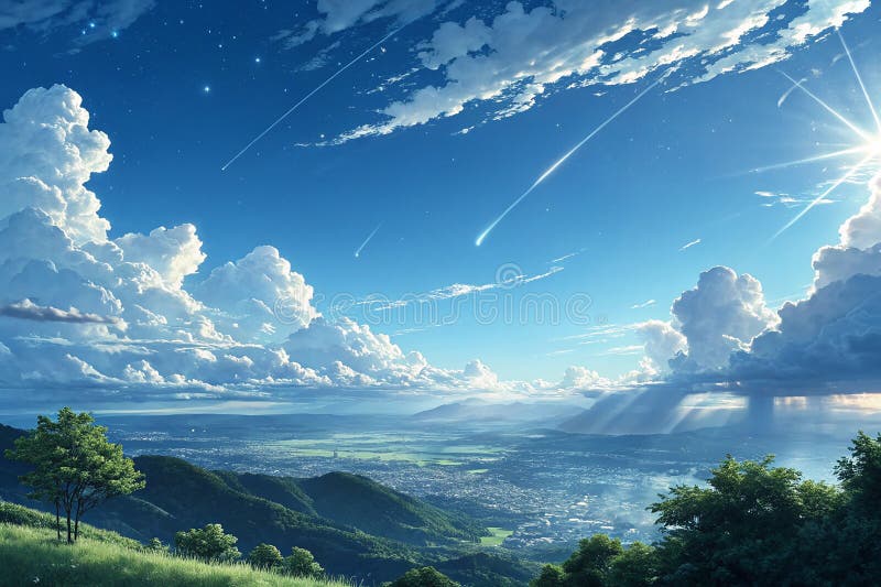 Breathtaking Anime Sky with Dramatic Clouds and Misty Stock ...