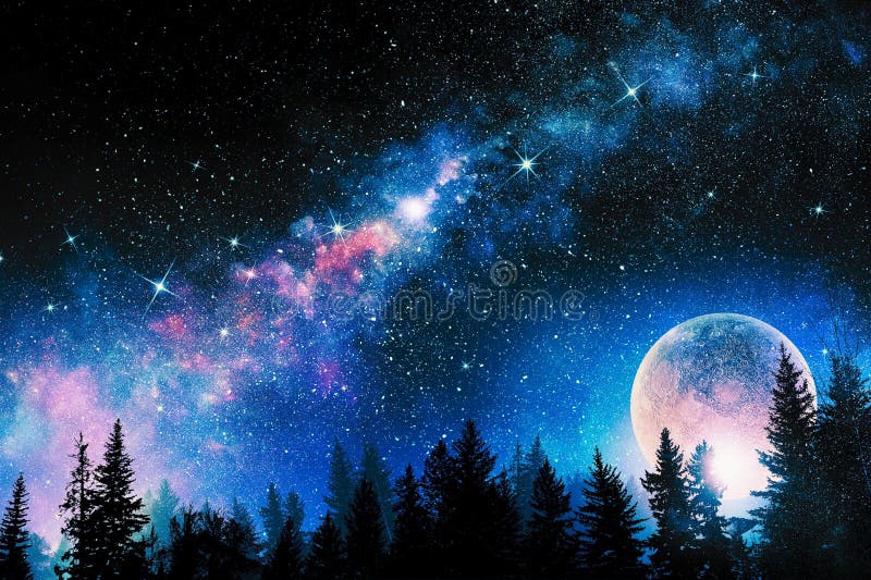 Galaxy Background with Moon and Pine Trees Stock Image - Image of ...