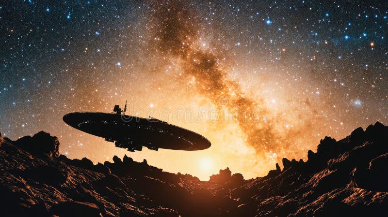 A Silhouette of a Space Exploration Ship Orbiting a Distant Planet ...