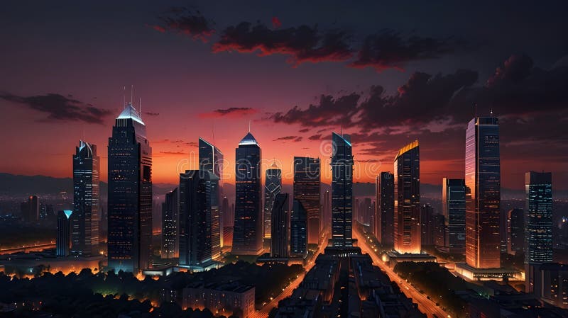 Breathtaking City View at Sunset with Buildings Glowing Under Twilight ...
