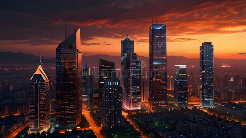 Breathtaking City View at Sunset with Buildings Glowing Under Twilight ...