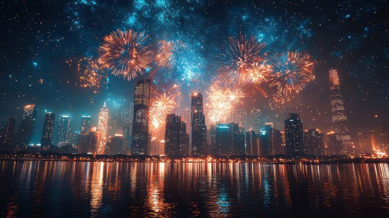 Fireworks Exploding Over City Skyline with Reflections on a Calm River ...