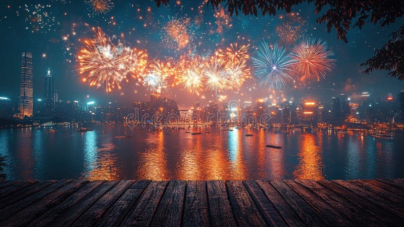 Fireworks Exploding Over City Skyline with Reflections on a Calm River ...