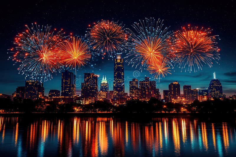 Fireworks Exploding Over City Skyline with Reflections on a Calm River ...