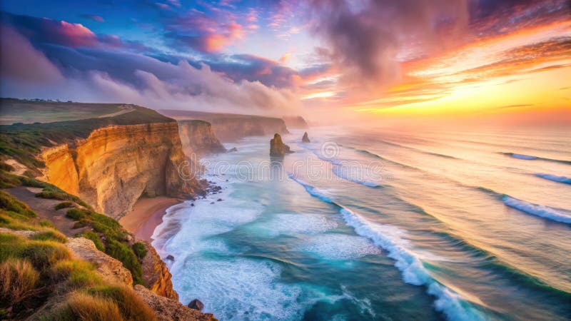 Breathtaking Cliffside View at Sunset with Ocean Waves and Colorful Sky ...