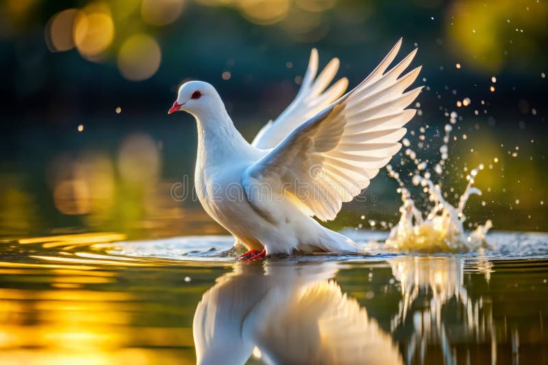 A Delicate White Dove Takes a Refreshing Dip in Serene Still Water ...