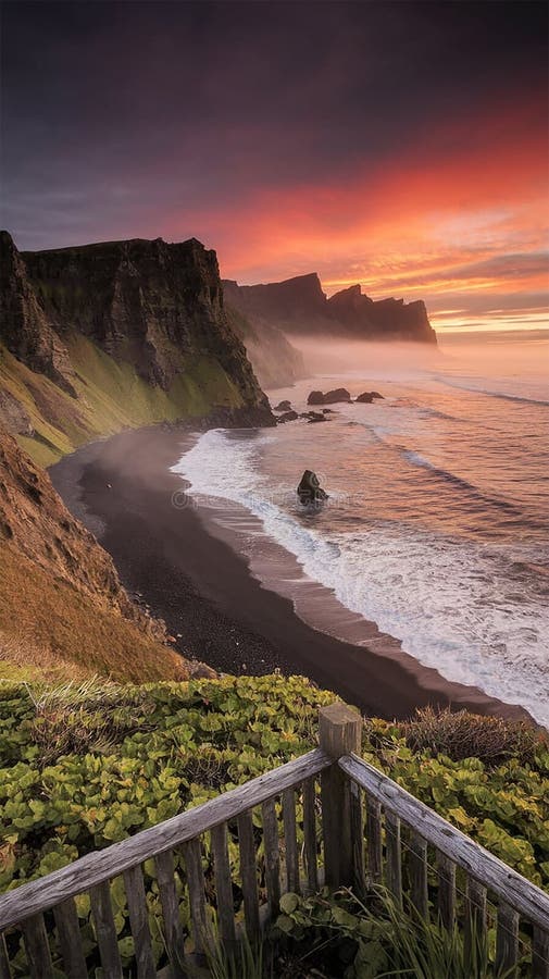 In a Breathtaking Coastal Landscape at Sunset, Dramatic Cliffs Overlook ...
