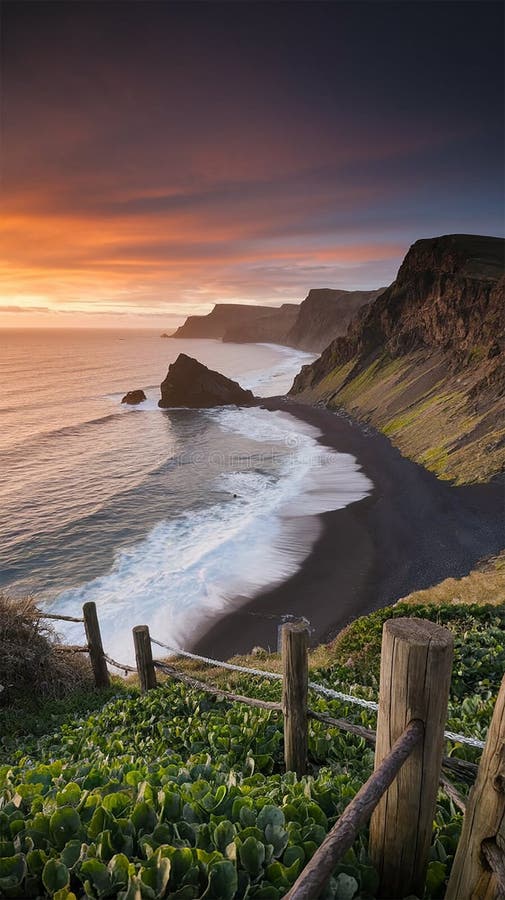 In a Breathtaking Coastal Landscape at Sunset, Dramatic Cliffs Overlook ...