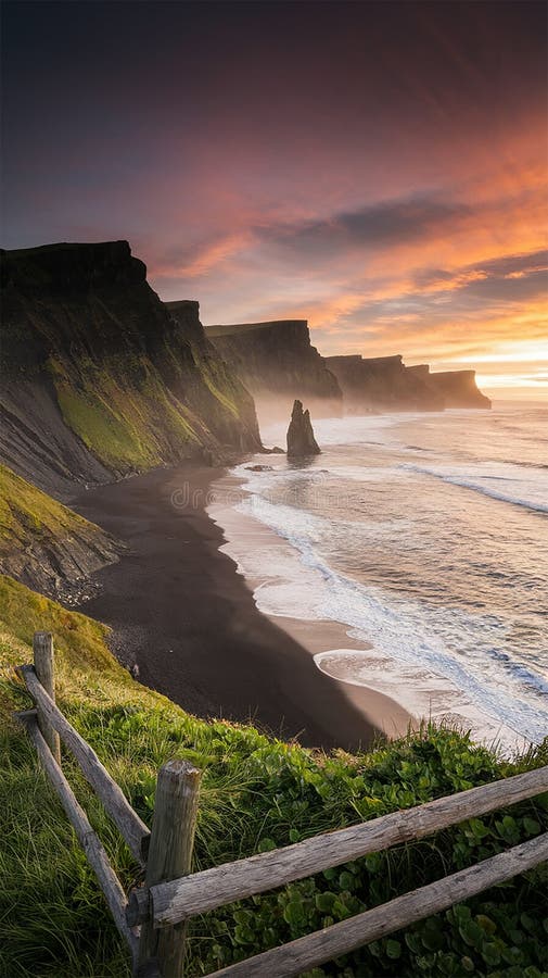 In a Breathtaking Coastal Landscape at Sunset, Dramatic Cliffs Overlook ...
