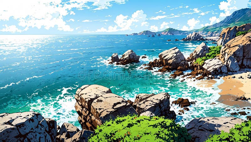 Breathtaking Coastal Scene with Rocks and Ocean. Anime Style Stock ...