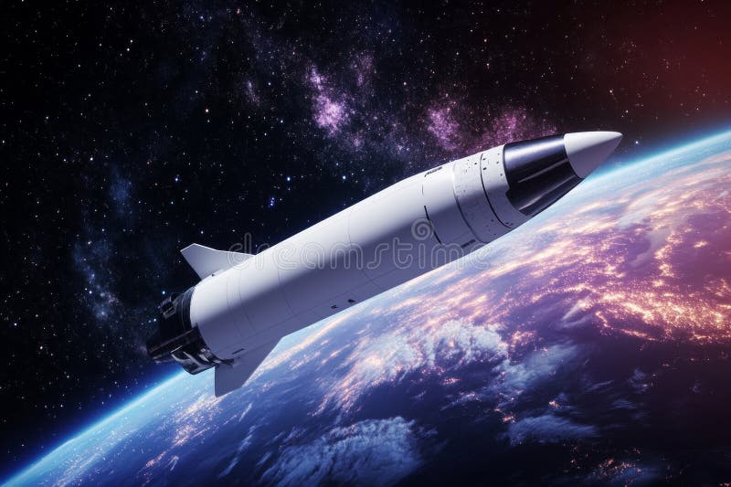 Breathtaking Cosmic View of a Small White Spaceship with a Blue and ...