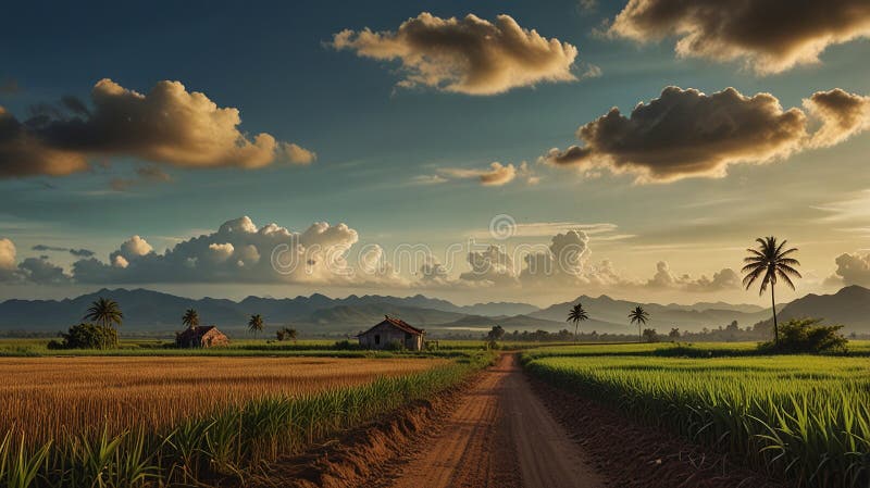 Scenic Cuban Landscape with Sugarcane Fields Stock Illustration ...