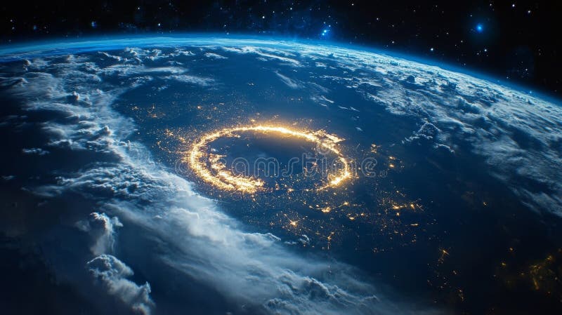 View of Earth with Luminous Circular Structure in Space Stock Image ...