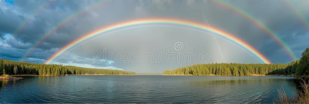 Breathtaking Double Rainbow Over Serene Forest Lake on Cloudy Day Stock ...