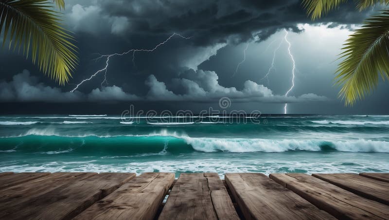 Dramatic Coastal Scene of Lightning Storm Over Ocean Waves with Wooden ...