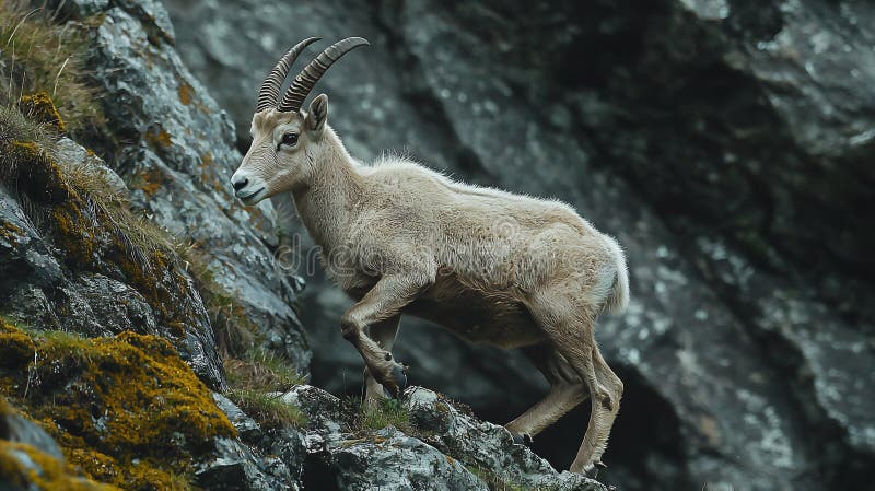 Ibex Scales Rocky Cliffs, Its Agility on Full Display Mid-step. Stock ...