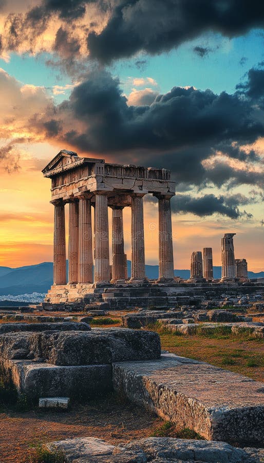 Breathtaking Dusk View of Ancient Greek Temple Ruins Against a Dramatic ...