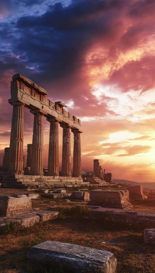 Breathtaking Evening View of Ancient Greek Temple Ruins Set Against a ...