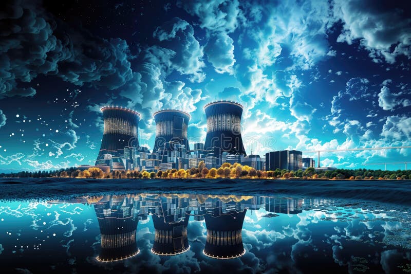 Photorealistic Illustration of a Nuclear Power Plant Under the Starry ...