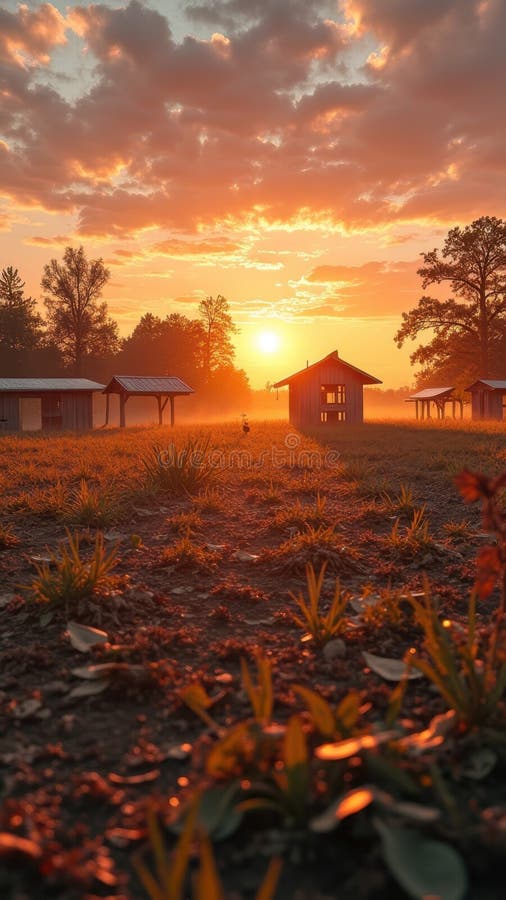 Breathtaking Farm Sunrise Over Rustic Cabins and Lush Vegetation Stock ...