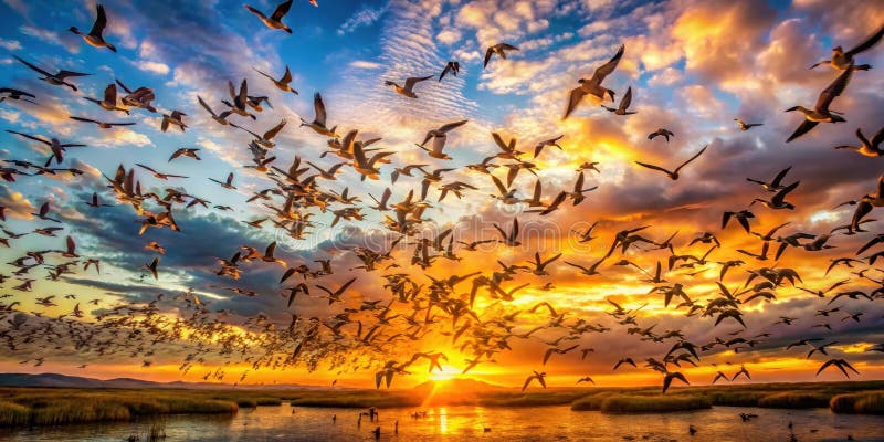 A Breathtaking Flock of Birds in Flight Against a Vibrant Sunset Over a ...