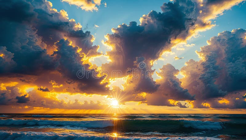 Breathtaking Golden Ocean Sunset with Radiant Sun, Dramatic Clouds, and ...