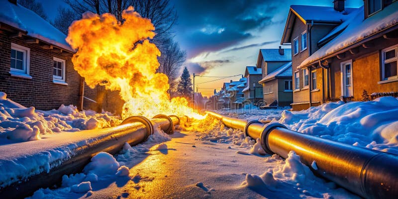 Winter Disaster Fiery Gas Explosion Engulfs Snowy Street at Dusk a ...