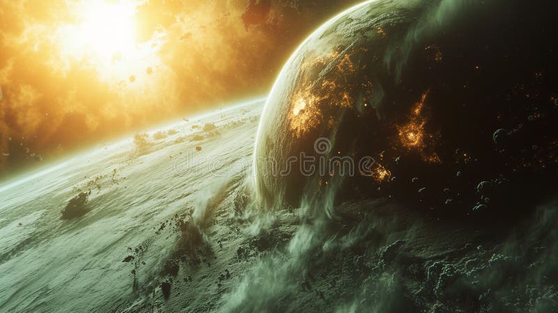 A Stunning View of a Fiery Alien Landscape and Celestial Bodies in the ...