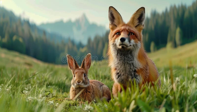 Wild Red Fox and Pet Rabbit in a Meadow a Moment of Playful Tension ...