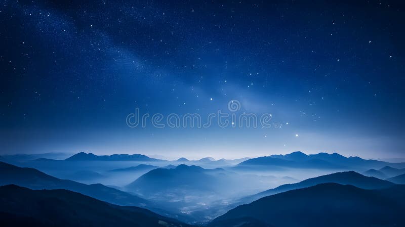 Serene Starry Night Sky Over Misty Mountain Landscape Stock ...