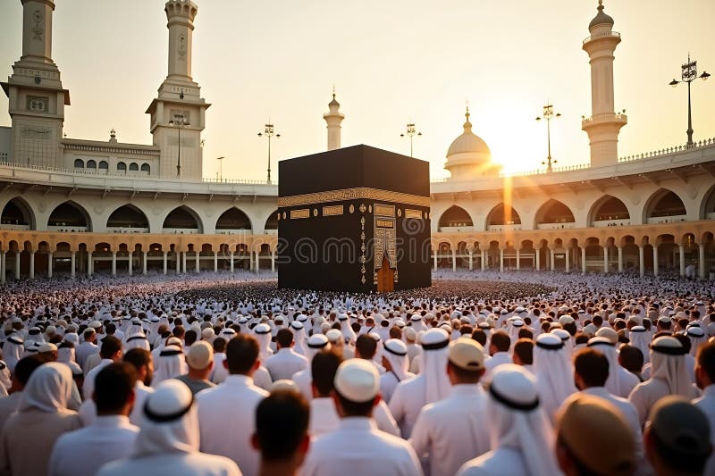 Devotees Gather at the Holy Kaaba at Sunset in Mecca Their Faces ...