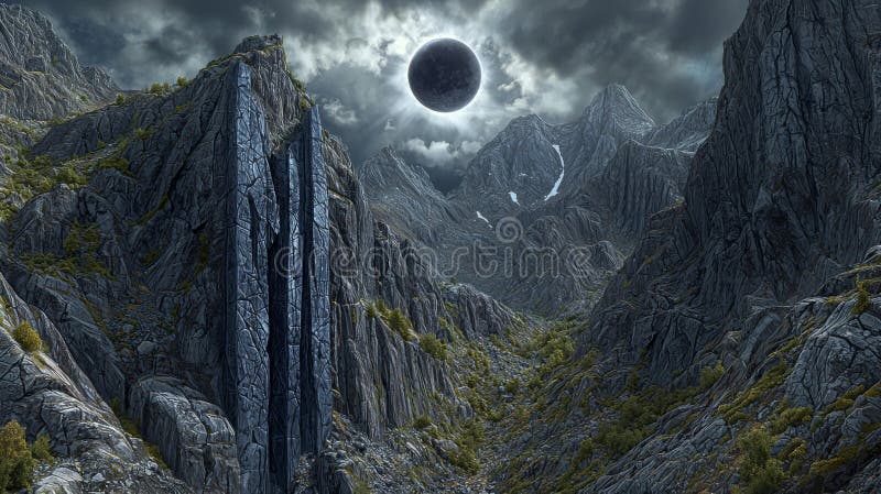 Dramatic Mountain Landscape with Dark Sun Eclipse Rugged Peaks and ...