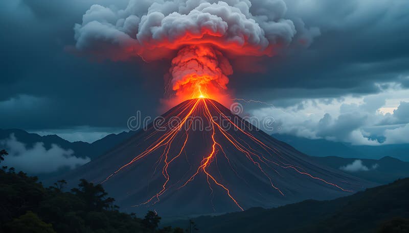 Volcanic Eruption with Lightning Stock Photo - Image of lightning ...