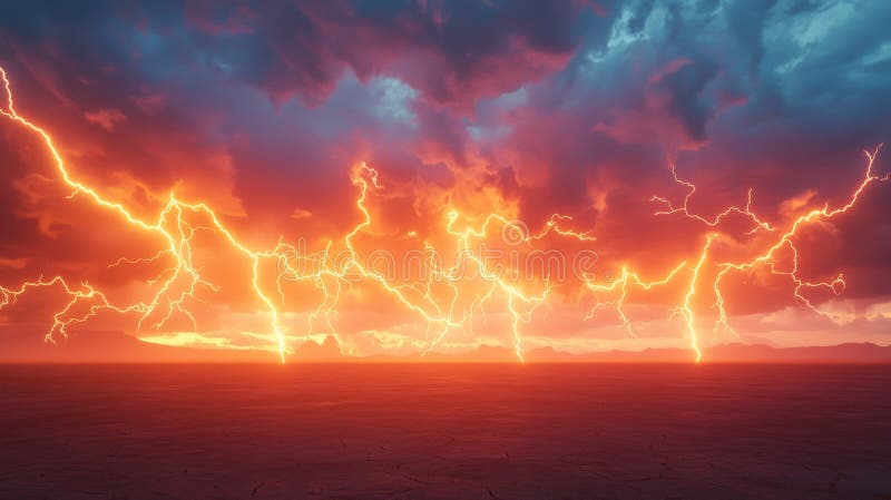 Fiery Orange Lightning Strikes Across Dramatic Desert Landscape at ...