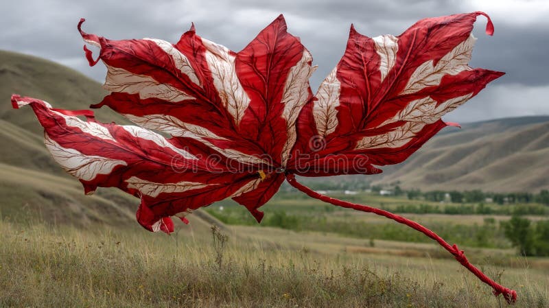 Giant Red Maple Leaf Art Installation Against a Scenic Landscape ...