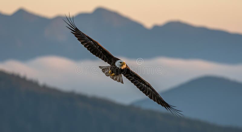 Majestic Bald Eagle Soaring Over Misty Mountains at Sunrise Stock ...