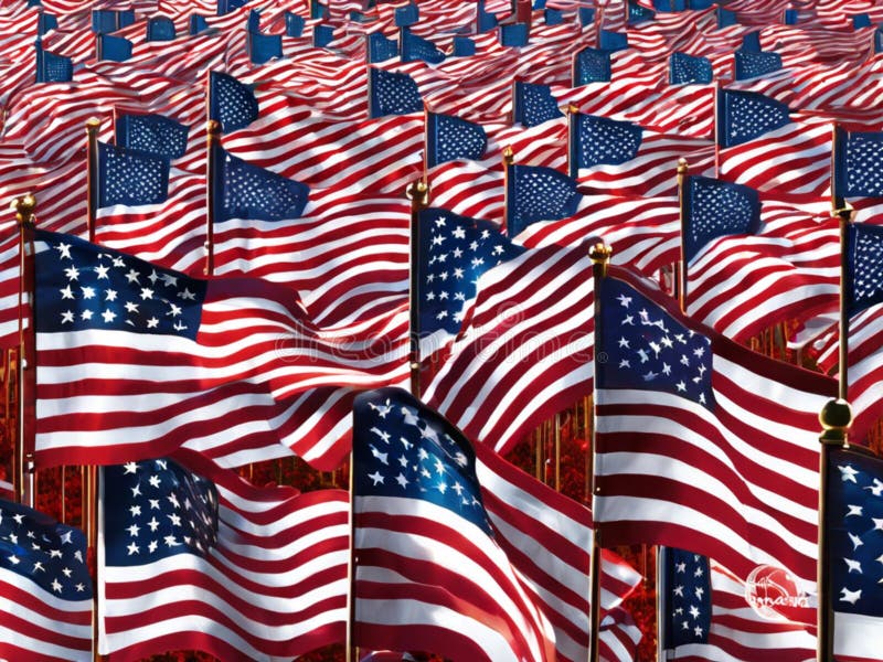 Fields of Freedom: a Sea of Waving American Flags at Sunset Stock ...