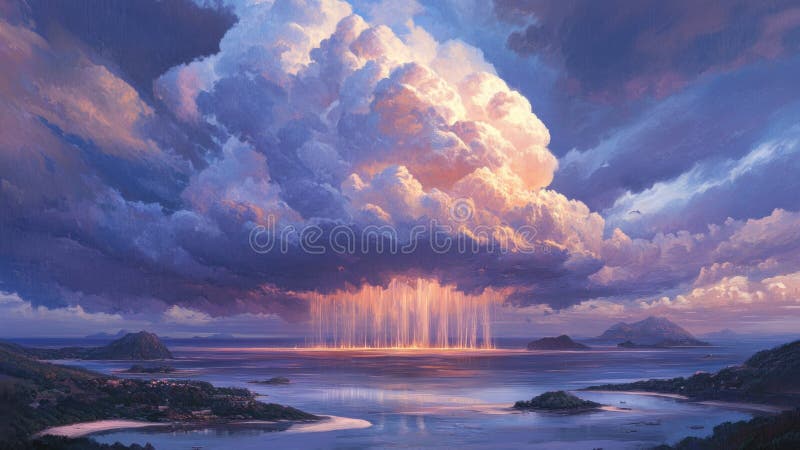 Celestial Rain Over Ocean stock illustration. Illustration of clouds ...