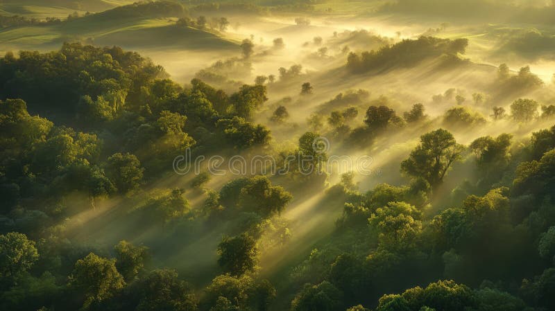 A Breathtaking Landscape of a Green Forest with Mist Digital Stock ...