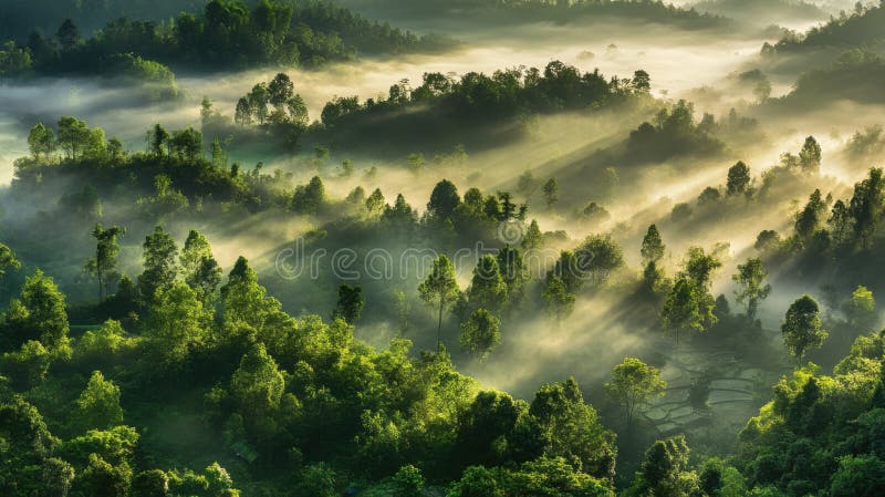 A Breathtaking Landscape of a Green Forest with Mist Digital Stock ...