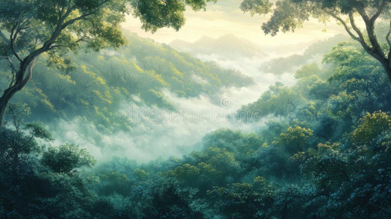 A Breathtaking Landscape of a Green Forest with Mist Digital Stock ...