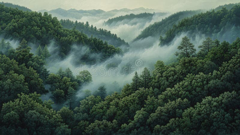 A Breathtaking Landscape of a Green Forest with Mist Digital Stock ...