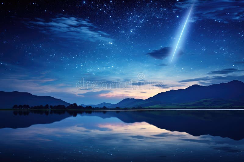 Starry Night Sky with Shooting Star Over Tranquil Lake, AI Generated ...