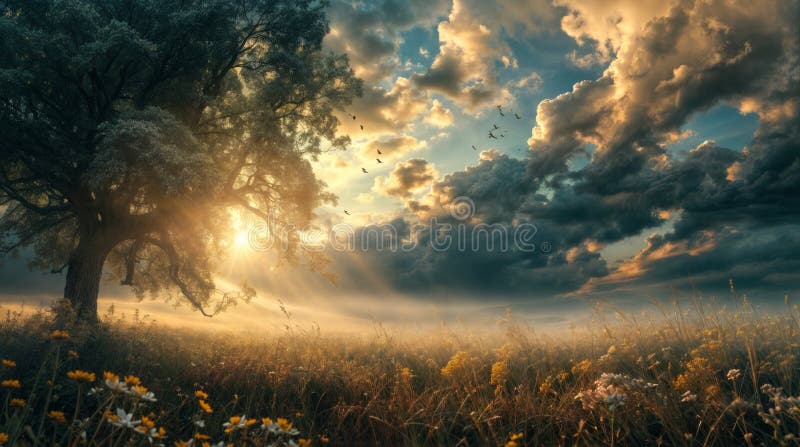 A Breathtaking Landscape of a Vast Field with a Large Tree, Illuminated ...