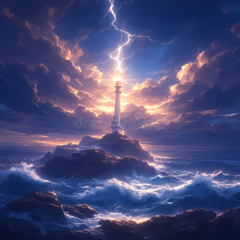 Breathtaking Lighthouse Sunrise Stock Illustration - Illustration of ...