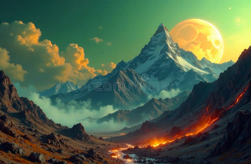 A Breathtaking Mountain Landscape Features Glowing Moonlight, a River ...