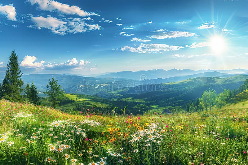 Breathtaking Mountain Landscape with Flowering Meadows Under Blue Sky ...