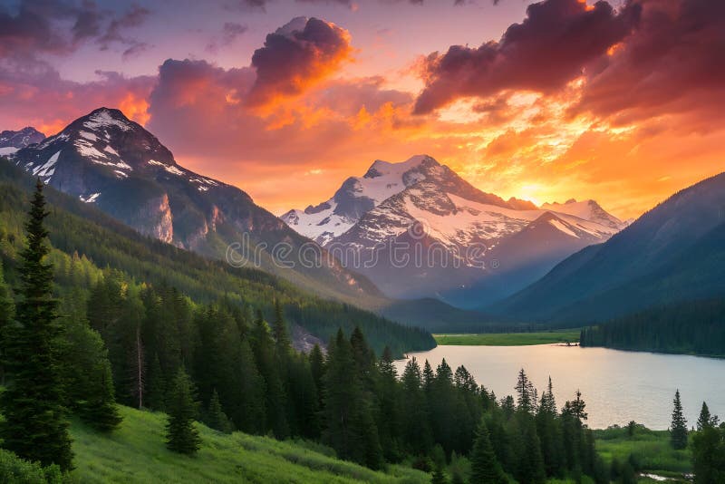 Breathtaking Mountain Landscape with Glowing Sunset Sky Stock ...