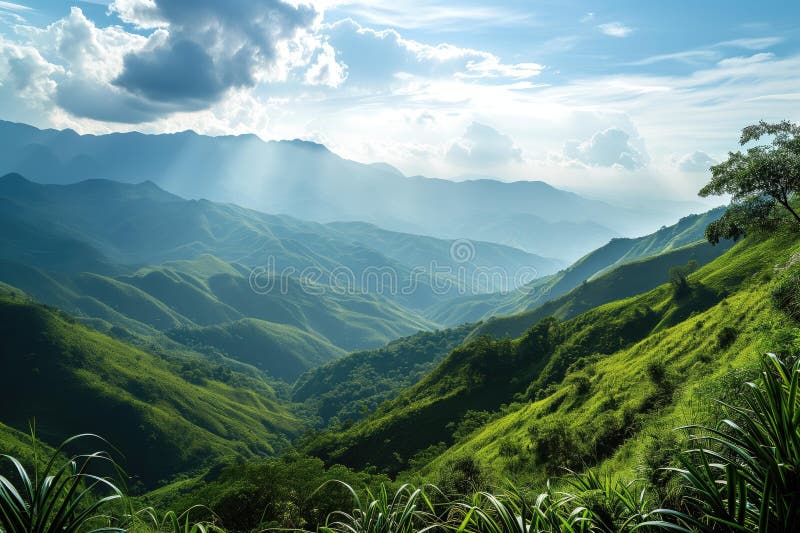 Breathtaking Mountain Landscape with Lush Greenery and Sun Rays, AI ...